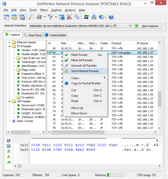 Modificar la dirección IP de origen en mensajes UDP con SoftPerfect Network Protocol Analyzer ...