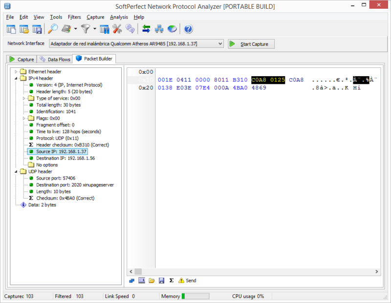 Modificar la dirección IP de origen en mensajes UDP con SoftPerfect Network Protocol Analyzer ...