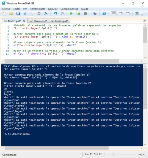 Ejercicios de PowerShell: dividir el contenido de una frase en palabras y guardar cada palabra ...