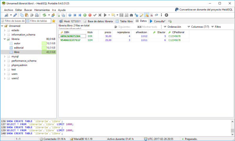 Ejercicios de MySQL: insertar datos en la tabla libro de la base de ...