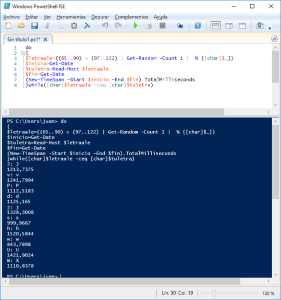 Ejercicios de PowerShell: mostrar y escribir una letra aleatoria por consola en el menor tiempo ...