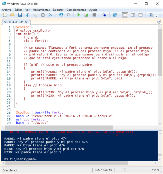 Crear Un Proceso Hijo Mediante La Función Fork De Linux En Bash Y En Powershell Mediante Wsl