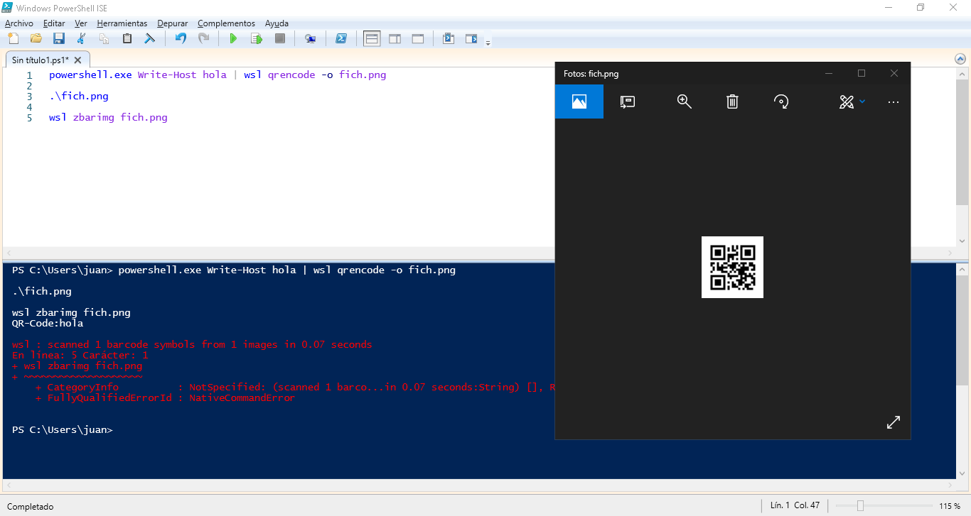 Crear y leer un código QR con un comando en Bash mediante WSL desde ...