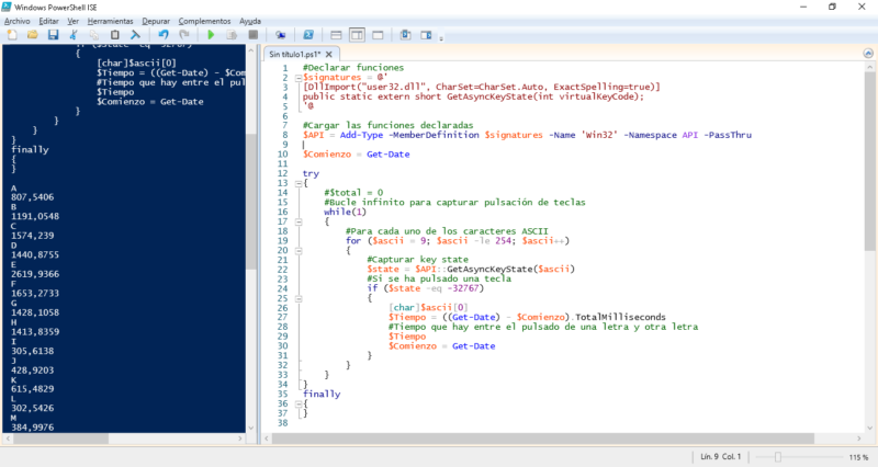 Capturar las teclas que se pulsan desde PowerShell y calcular el tiempo que se tarda en pulsar ...