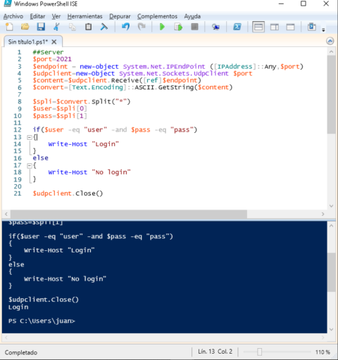 Realizar un login entre un cliente y servidor por UDP en PowerShell (comprobar el usuario y la ...