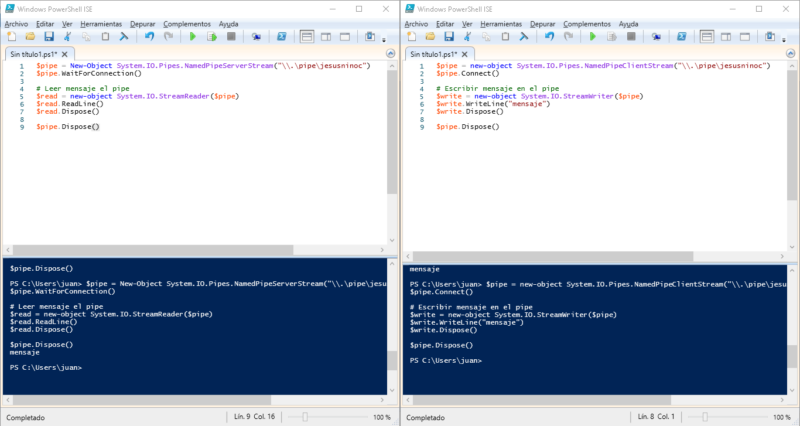 Comunicar dos procesos en PowerShell mediante el uso de tuberías (pipes): un proceso crea y lee ...
