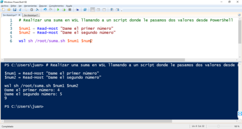 Ejercicios de WSL: realizar una suma en WSL llamando a un script donde le pasamos dos valores ...