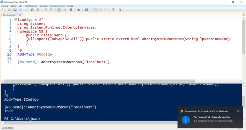 Detener el apagado del sistema desde la línea de comandos PowerShell utilizando la DLL advapi32 ...