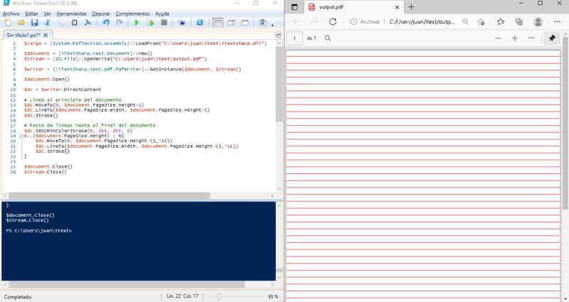 Crear un fichero PDF con líneas en color rojo desde el principio hasta el final utilizando la ...