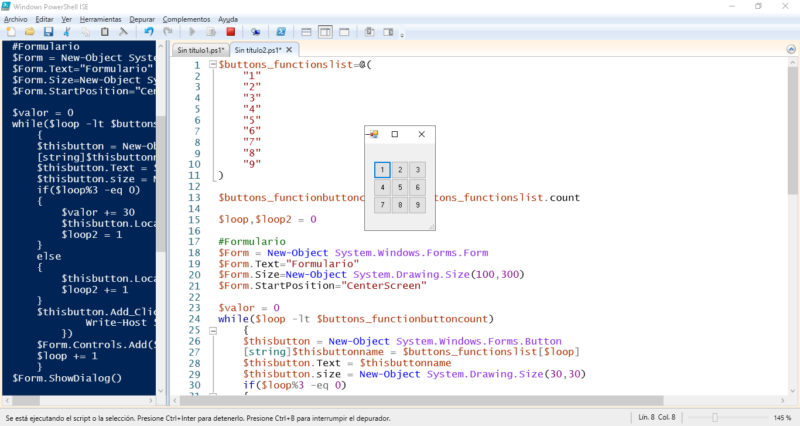 Crear un formulario en PowerShell con los números del 1 al 9 colocados de forma ordenada (la ...
