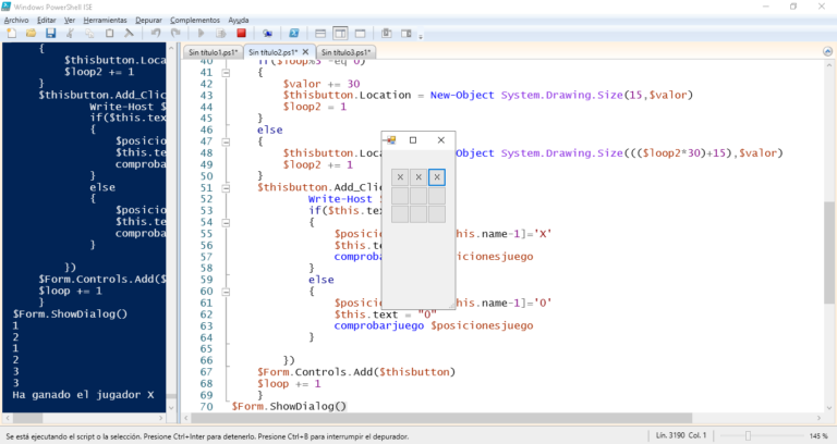 Crear un tablero (formulario) en PowerShell con 9 botones y que cuando ...
