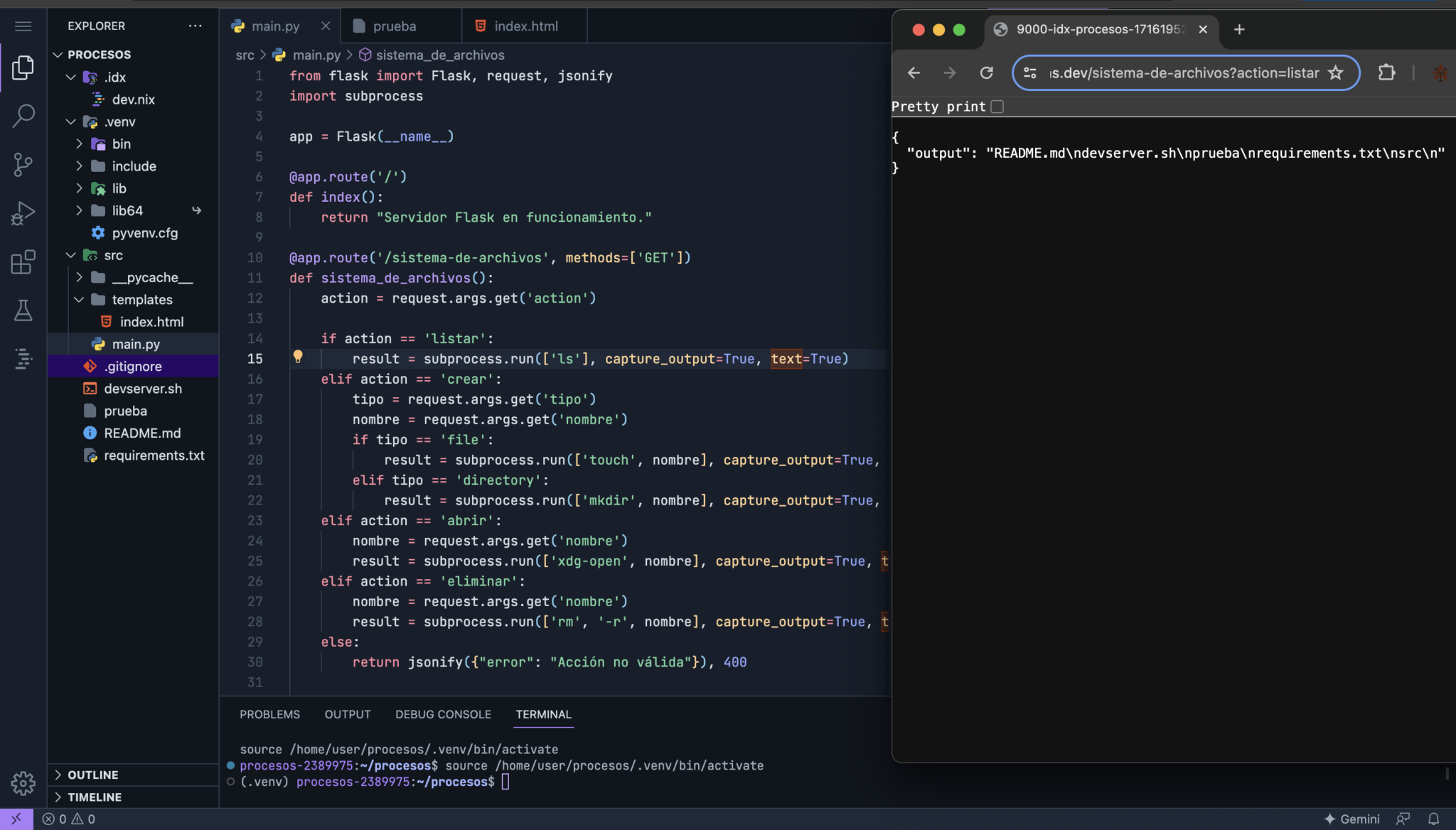 Aplicación en Python con Flask para la gestión de archivos mediante comandos del sistema ...