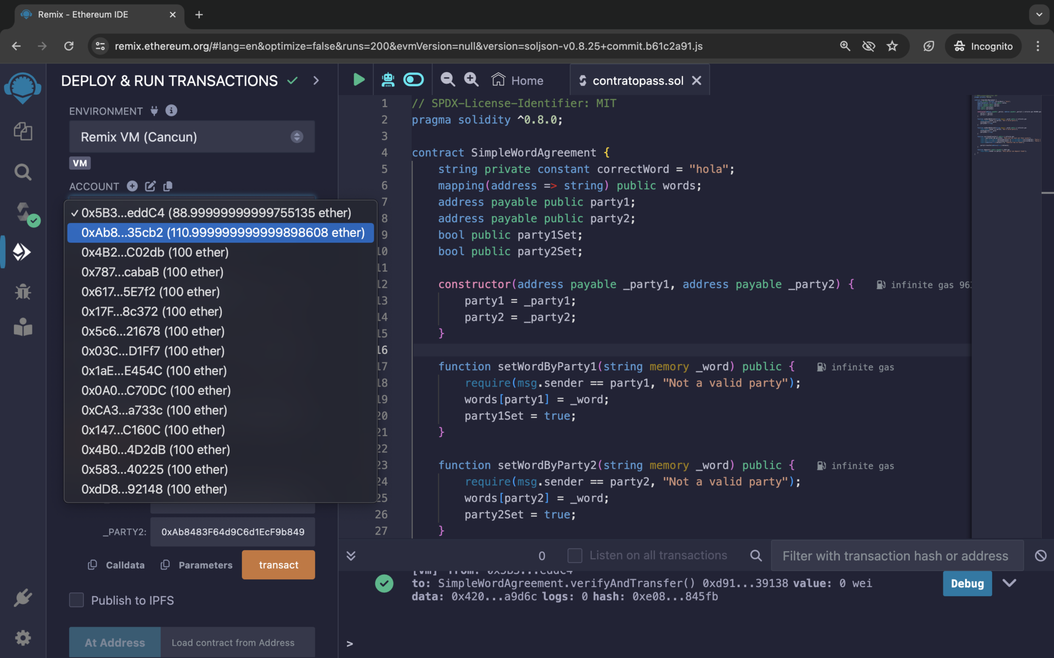 Contrato inteligente para transferir fondos en Solidity mediante ...