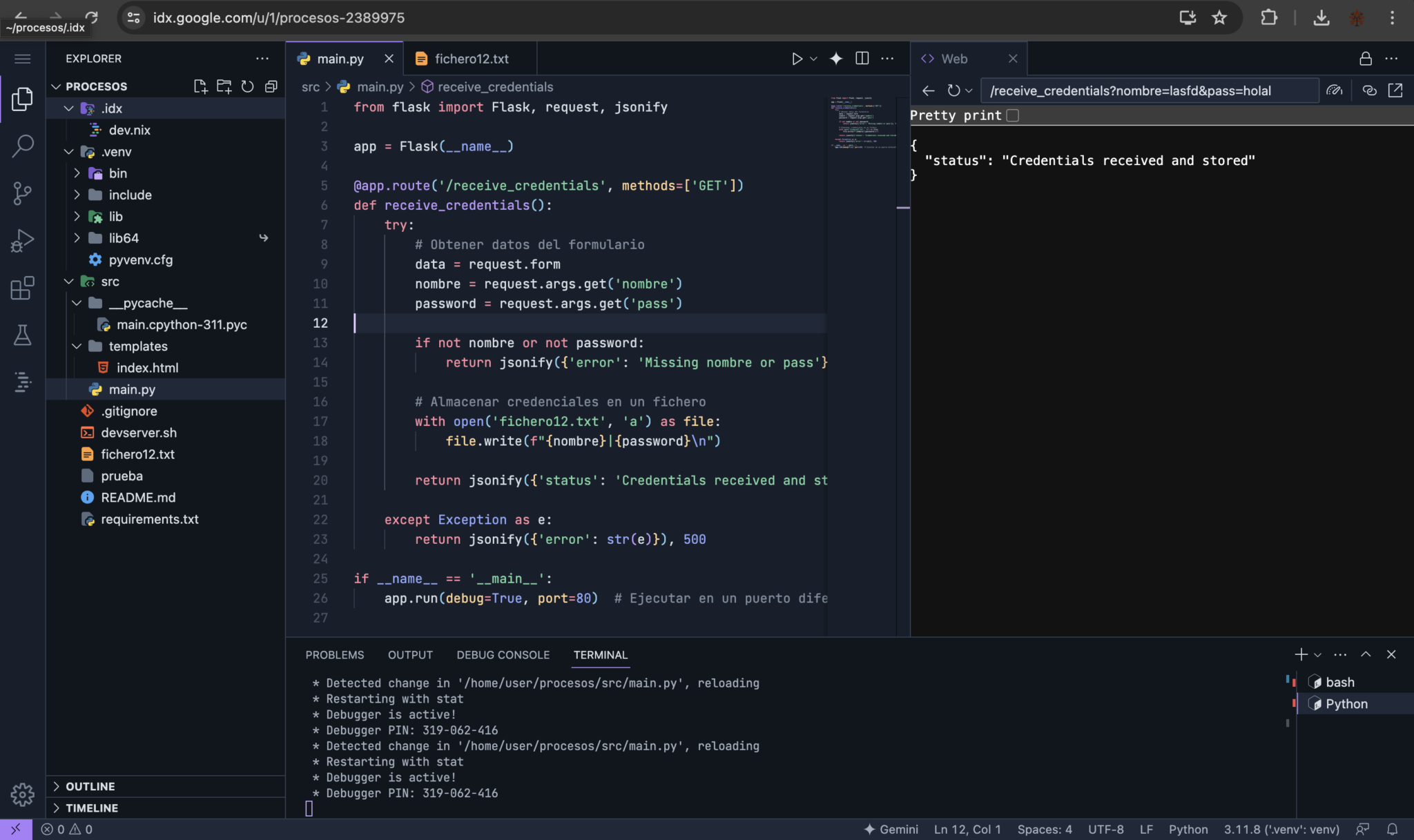 Servidor en Python con Flask para recibir y almacenar credenciales (con método GET) | Operating ...